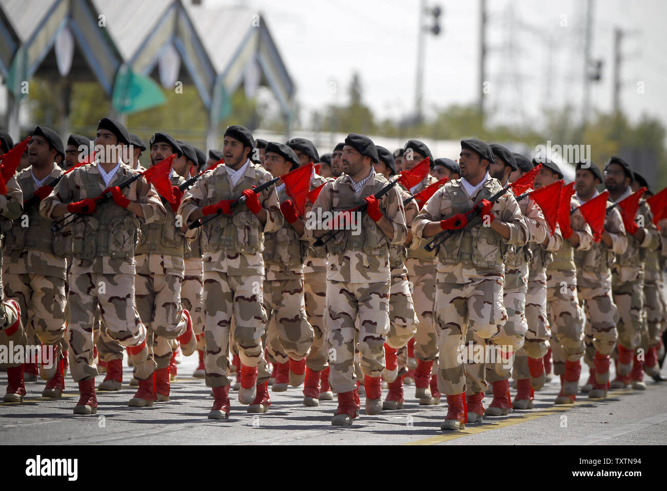 Iranian soldiers march during the annual military parade In front of ...