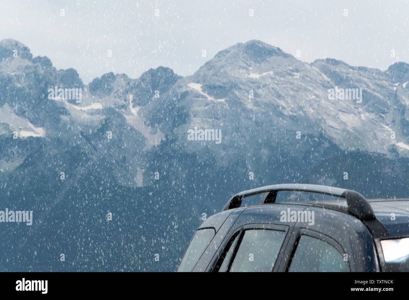Auto crop view with snowy background. Winter transportation concept ...