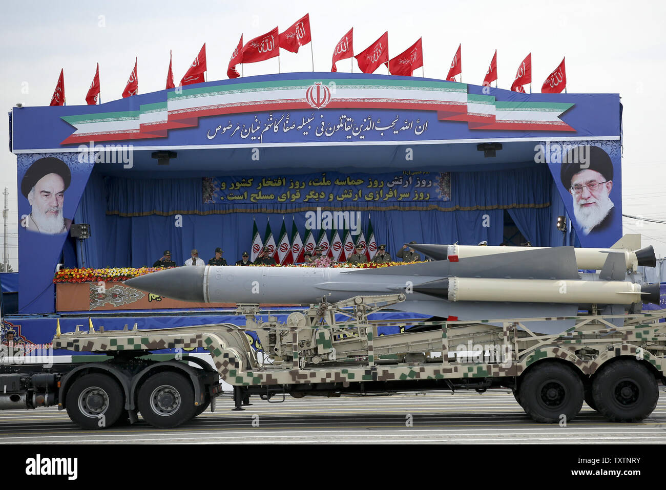 An Iranian made missile is showcased during National Army Day in front ...