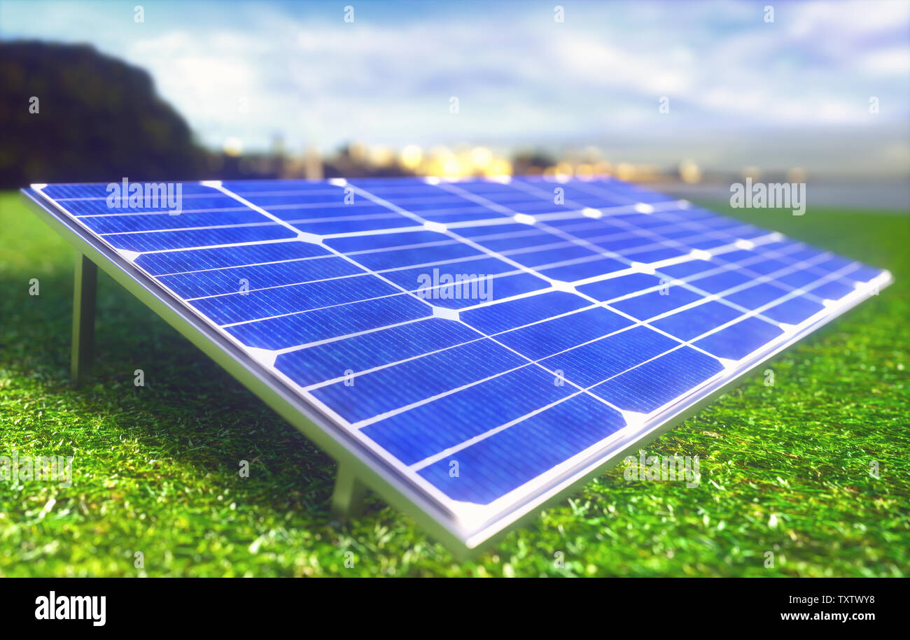 Solar panels spread across the field on the green grass. In the ...