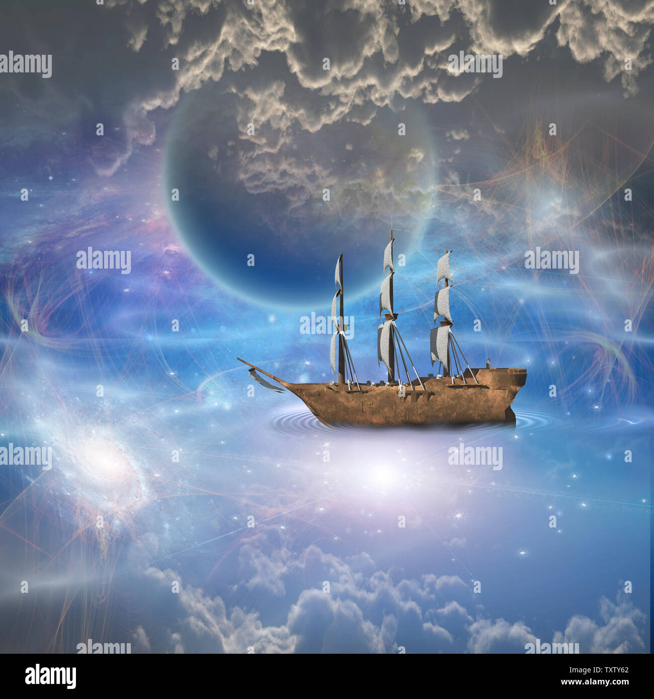 Sailing ship with full sails in fantastic space scene. Vivid clouds and ...