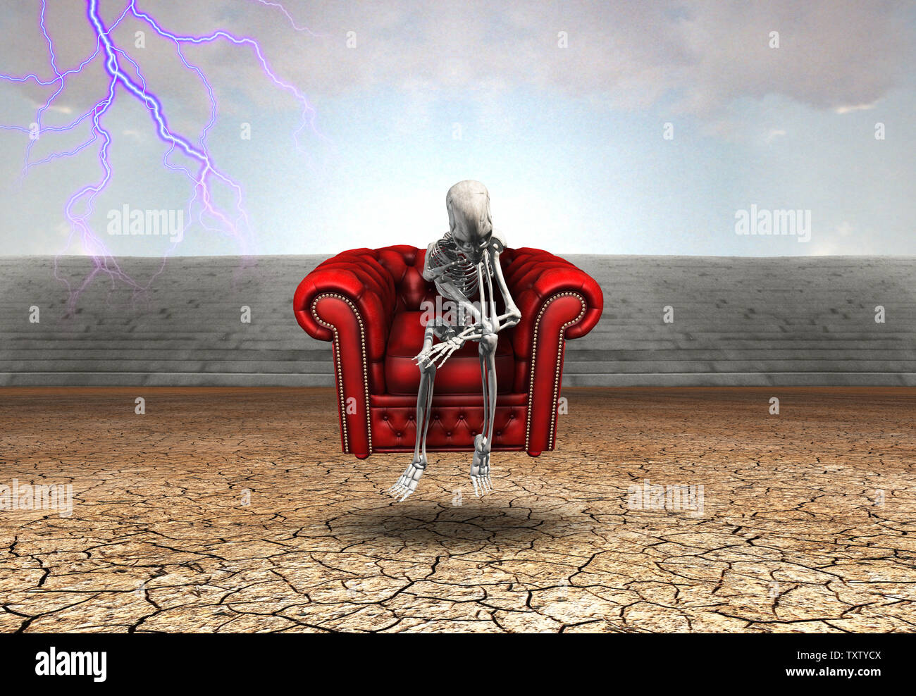 Surreal art. Thinking alien's skeleton sits in red armchair Stock Photo ...