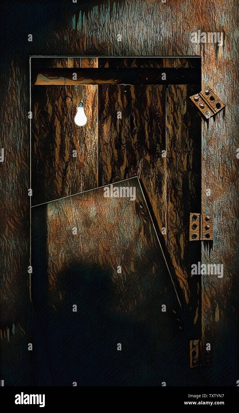 Surreal dark art painting. Broken door and light bulb Stock Photo - Alamy