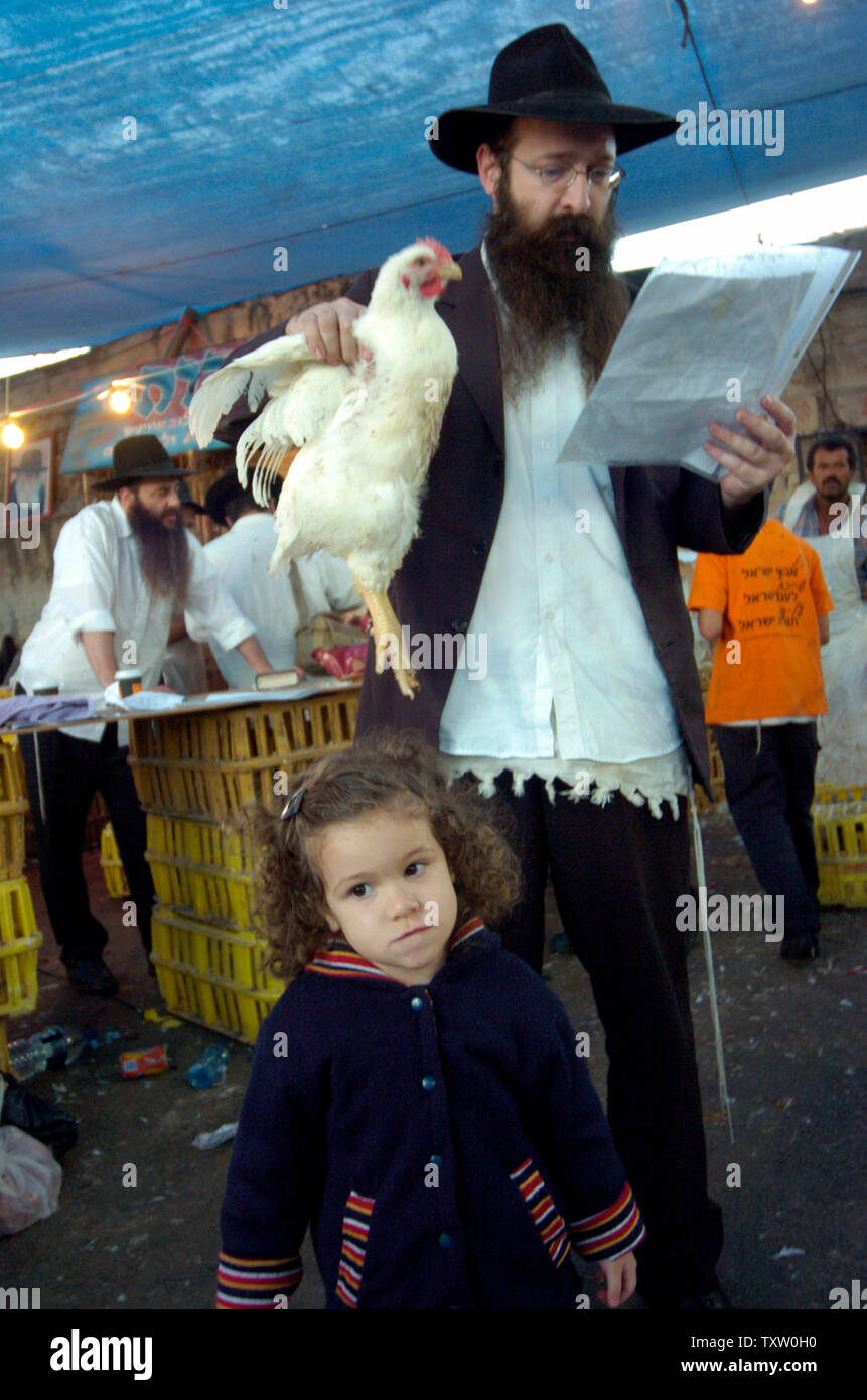 An Ultra-Orthodox Israeli swings a chicken over a child's head while ...