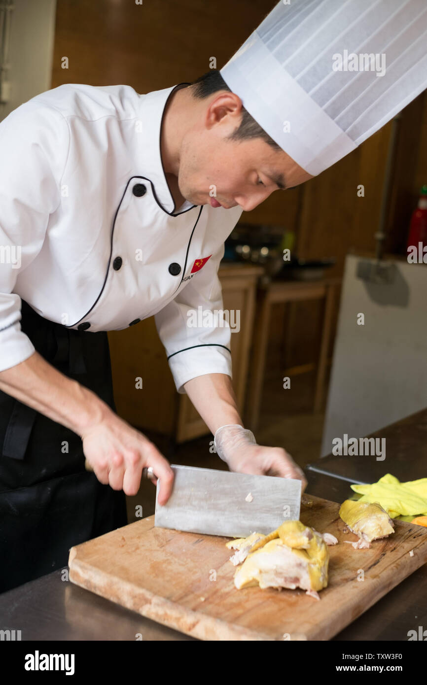 Chinese cook arranges food on plates at the premiere of Lantern ...