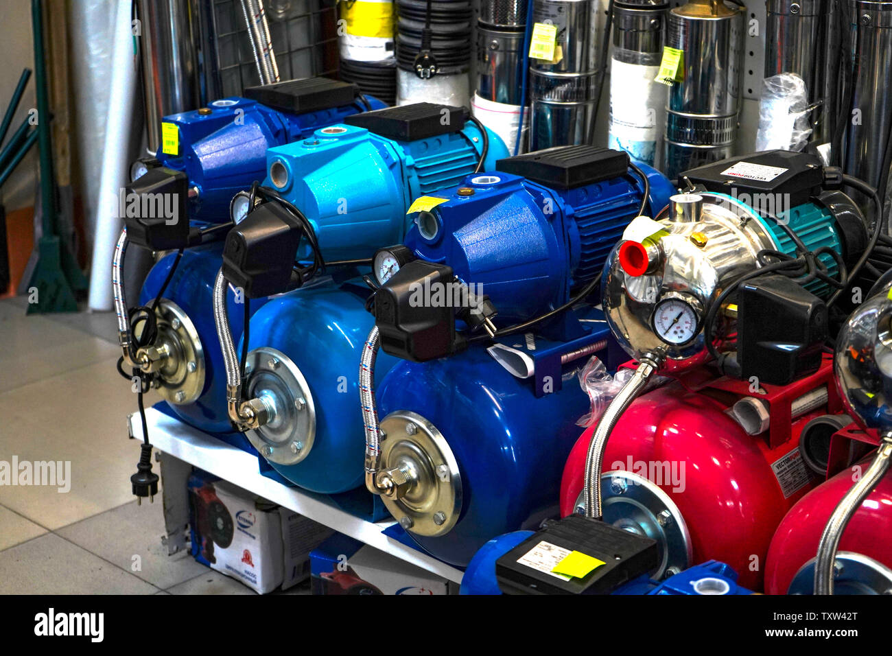 Chelyabinsk Region, Russia - JUNE 2019. Plumbing shop. Rack with goods ...