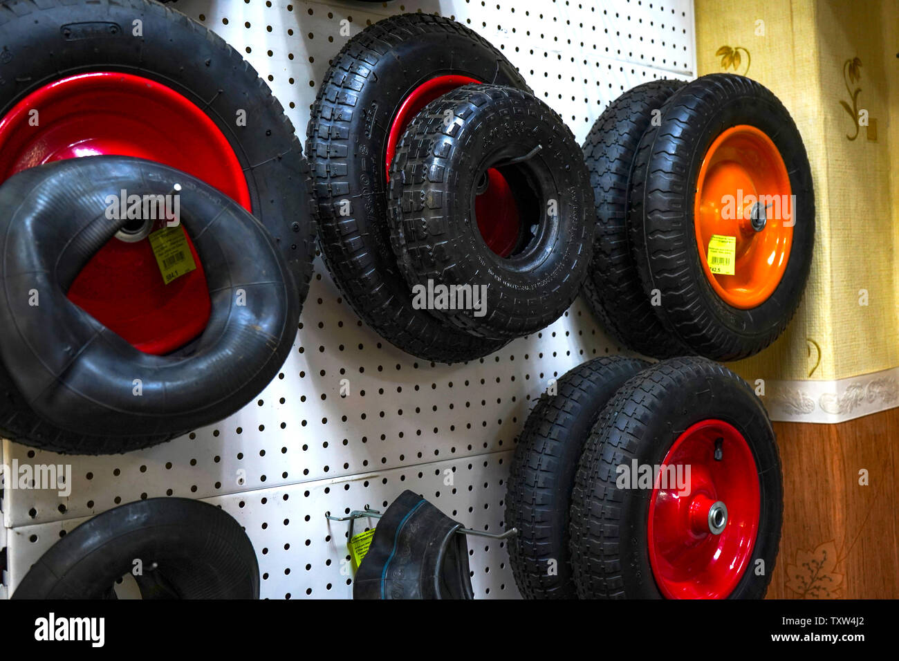 Chelyabinsk Region, Russia - JUNE 2019. Hardware store. Rack with goods ...