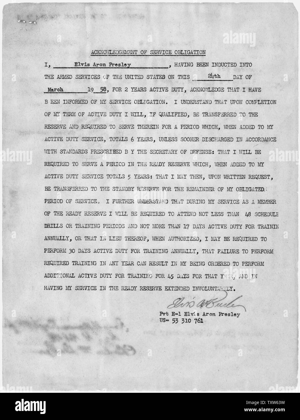 Acknowledgement of service obligation signed by Elvis Presley on March ...