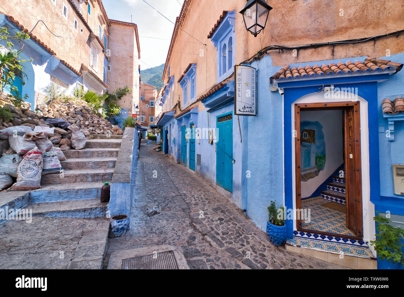 Chaouen, Morocco - May 03, 2019: traditional street of Chaouen, the so ...