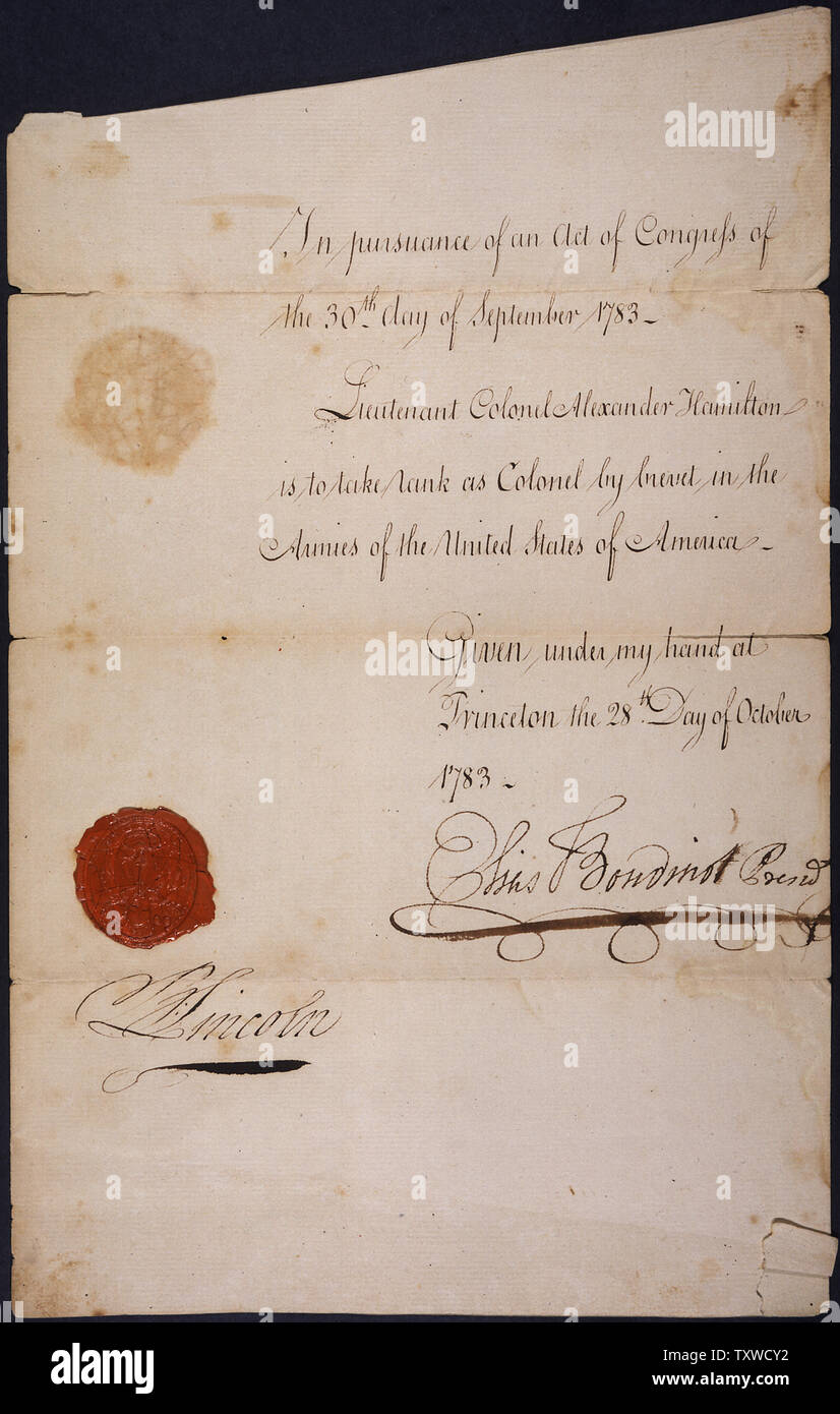 Alexander Hamilton's commission to take rank as Colonel Stock Photo - Alamy