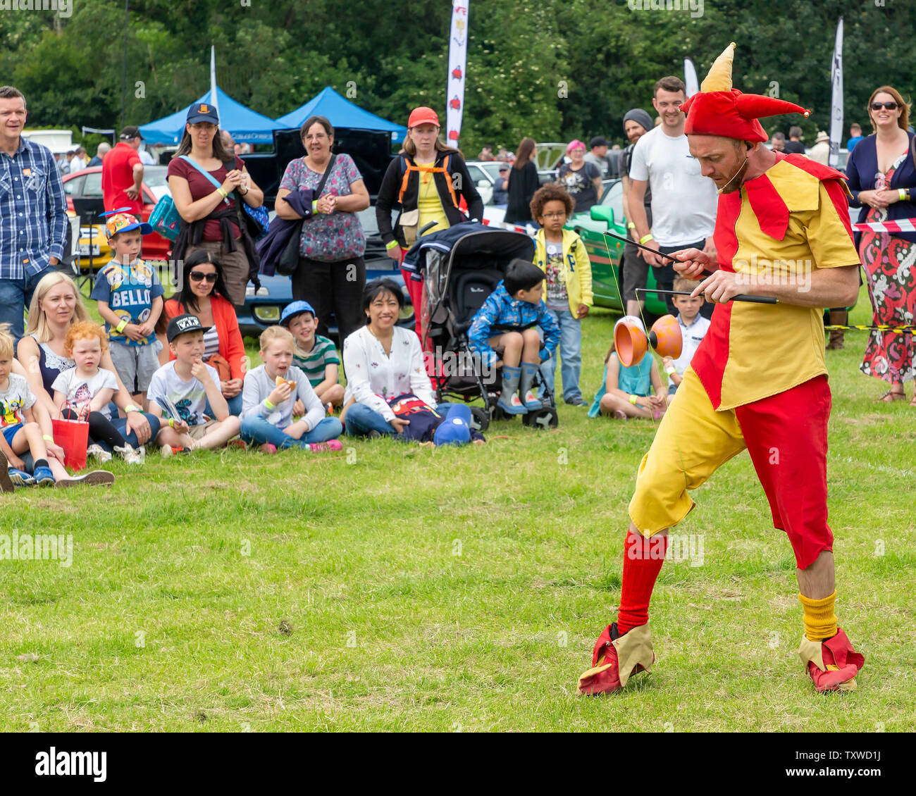 James the Jester from Chester whilst performing at the 2019 Lymm ...