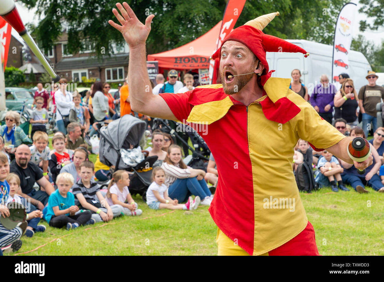 James the Jester from Chester whilst performing at the 2019 Lymm ...