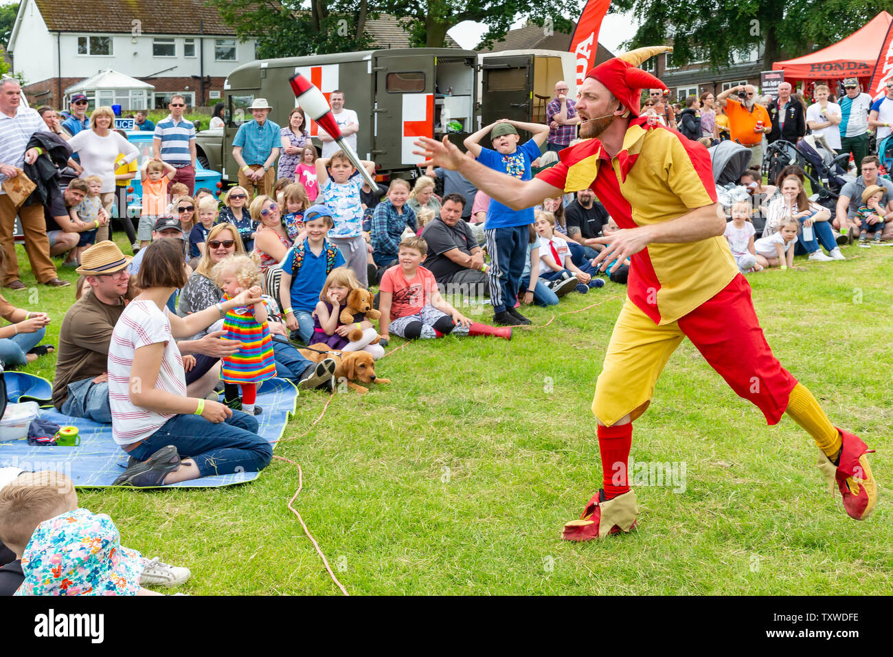 James the Jester from Chester whilst performing at the 2019 Lymm ...