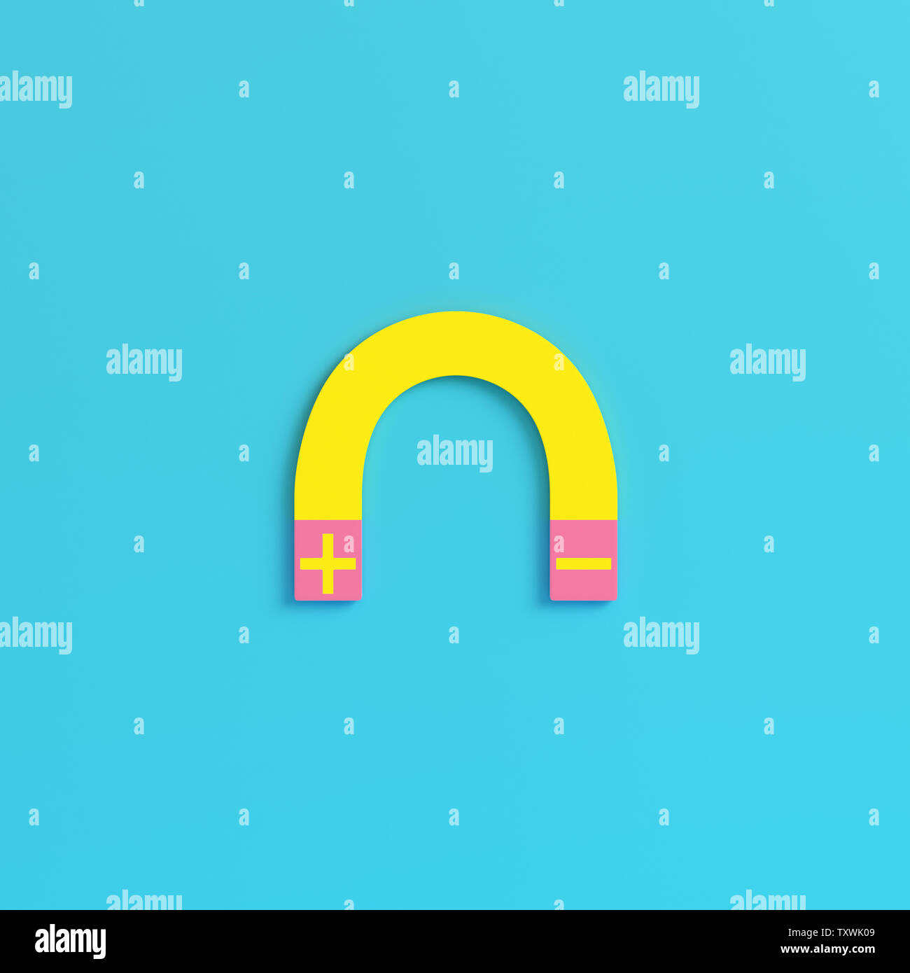 Yellow magnet on bright blue background in pastel colors. Minimalism ...