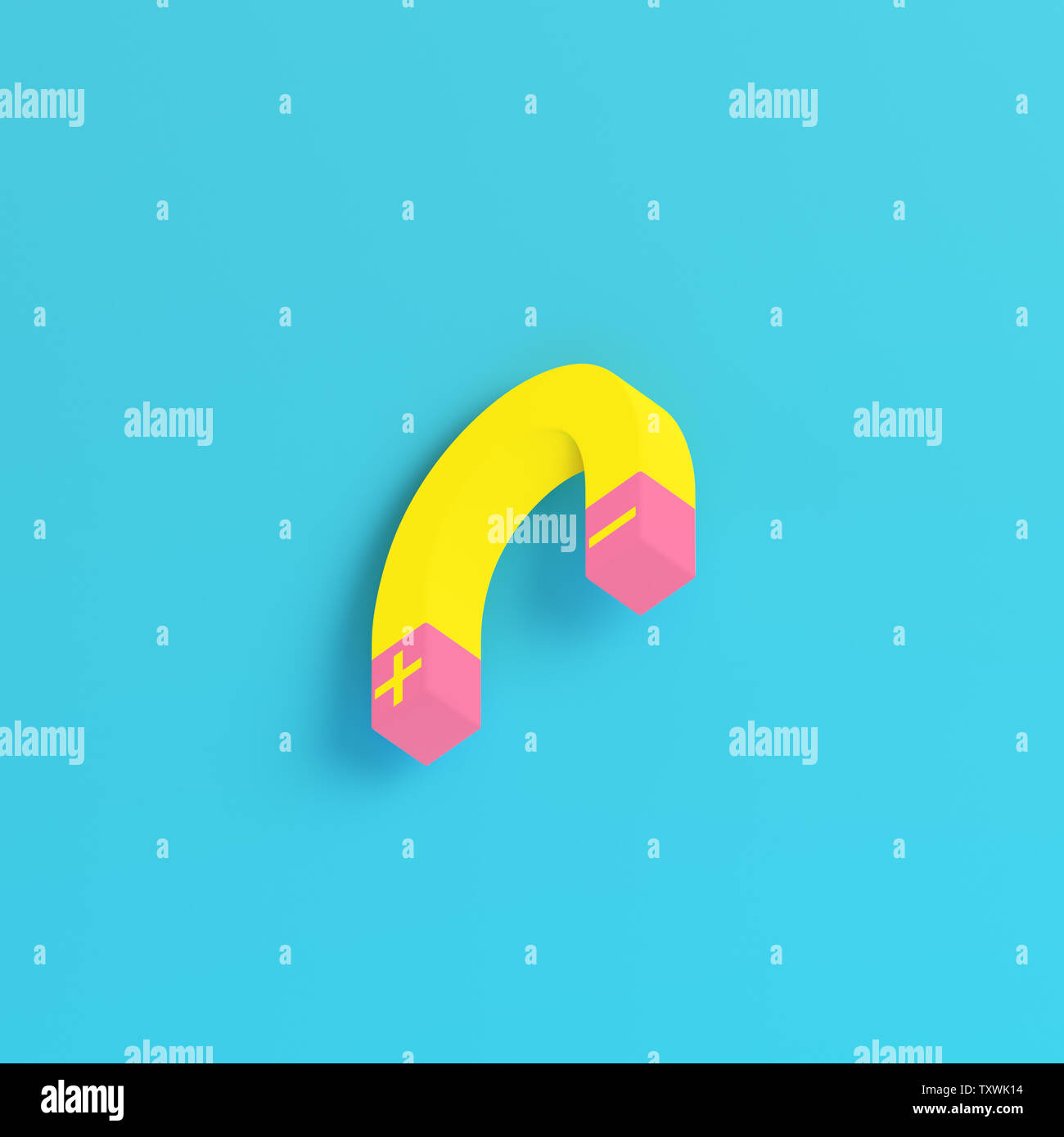 Yellow magnet on bright blue background in pastel colors. Minimalism ...