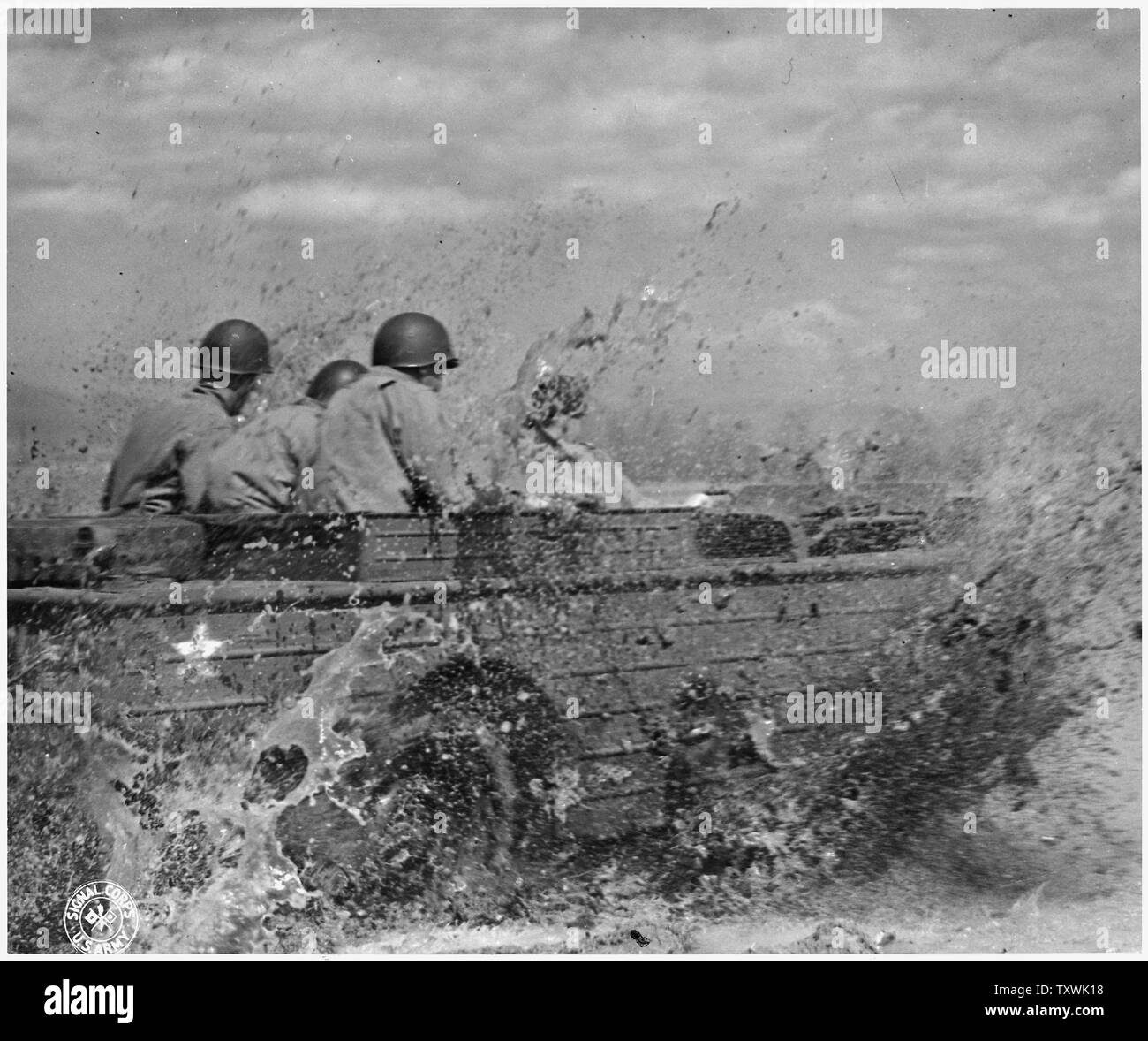 Amphibian jeeps in operation at training camp in Camp Carson, Colorado ...
