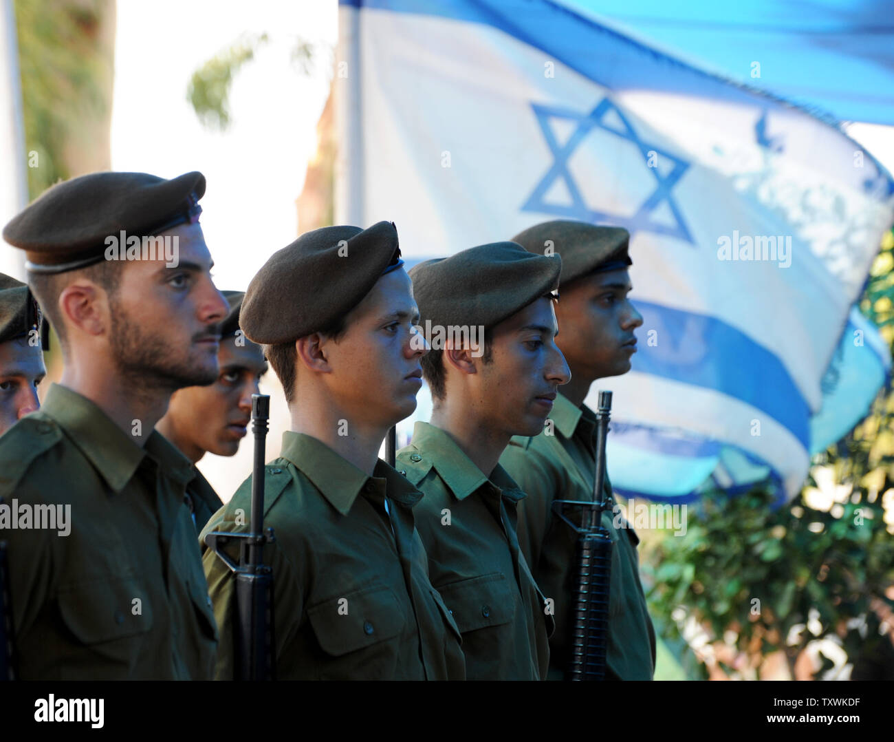 An Israeli honor guard attends the military funeral of Major Tsafrir ...