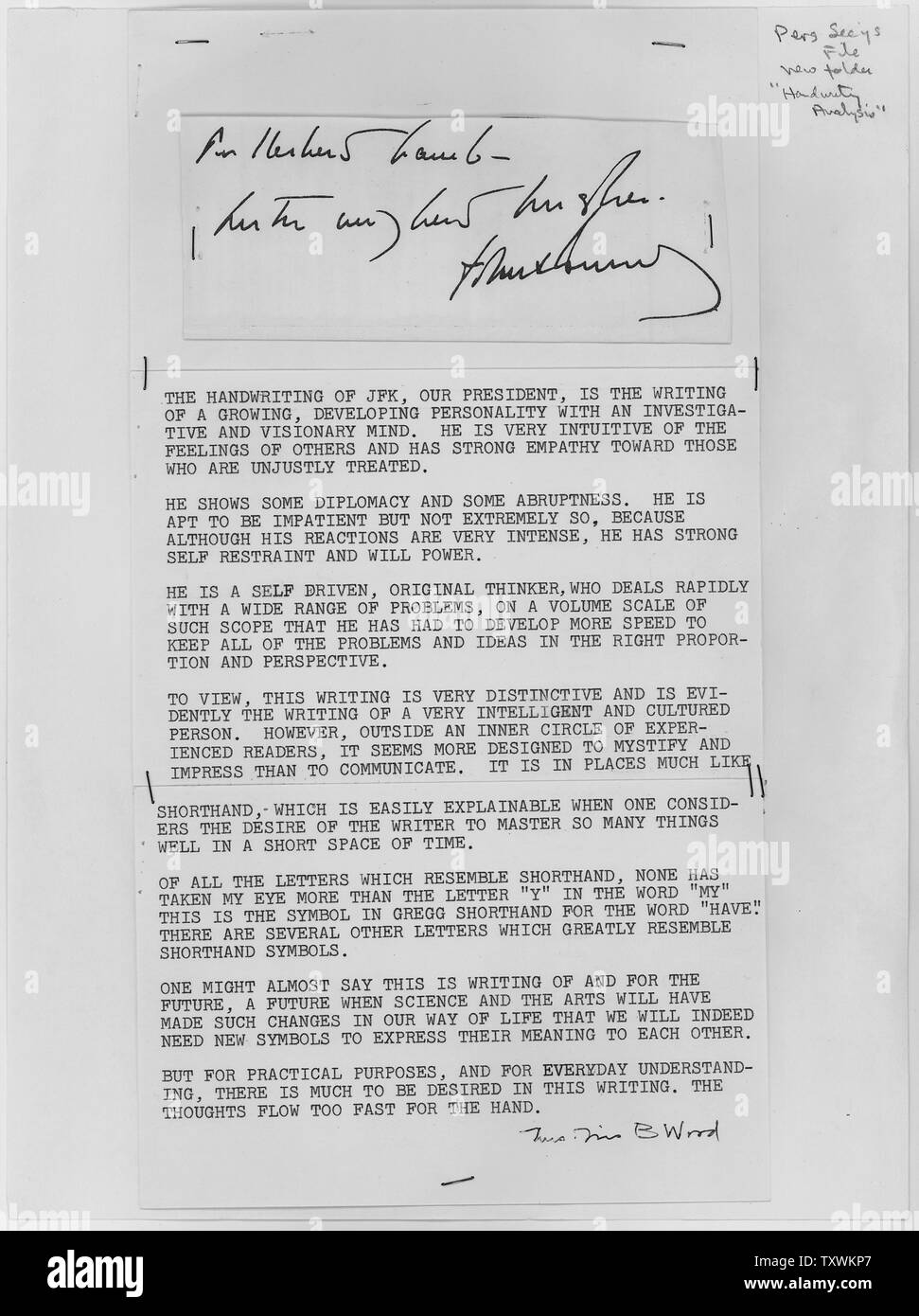 Analysis of John F. Kennedy's Handwriting; Scope and content: An ...