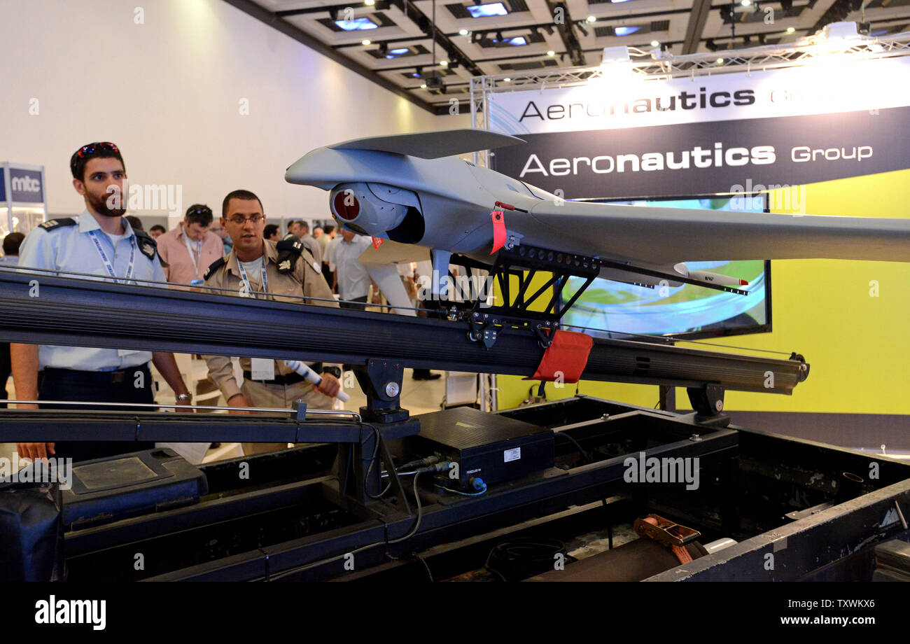 Israeli military personnel look at the Orbiter 3 unmanned aerial ...