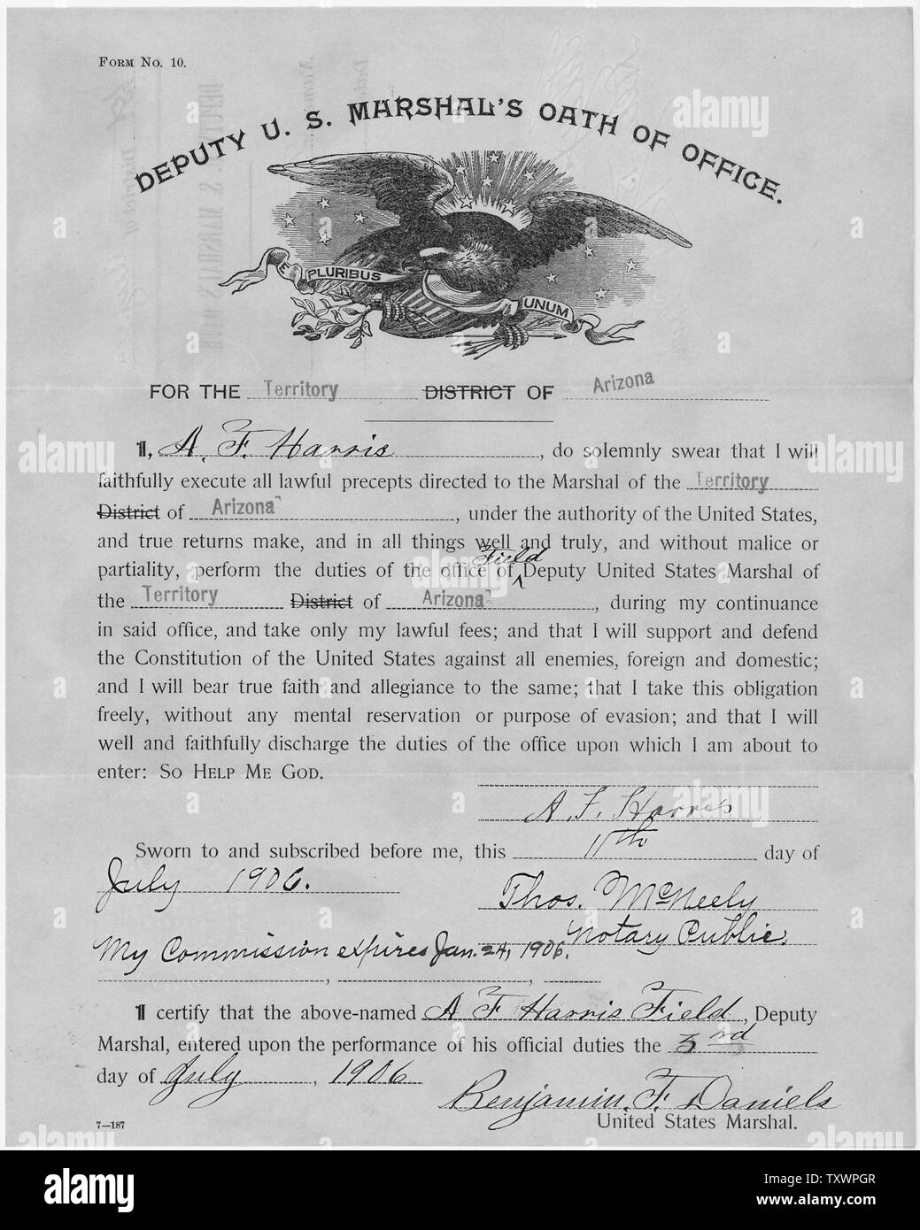 Appointment and Oath of Office for A. F. Harris as Field Deputy Marshal ...