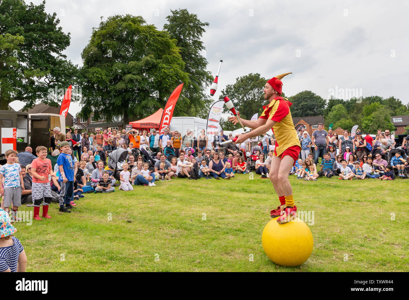 James the Jester from Chester whilst performing at the 2019 Lymm ...
