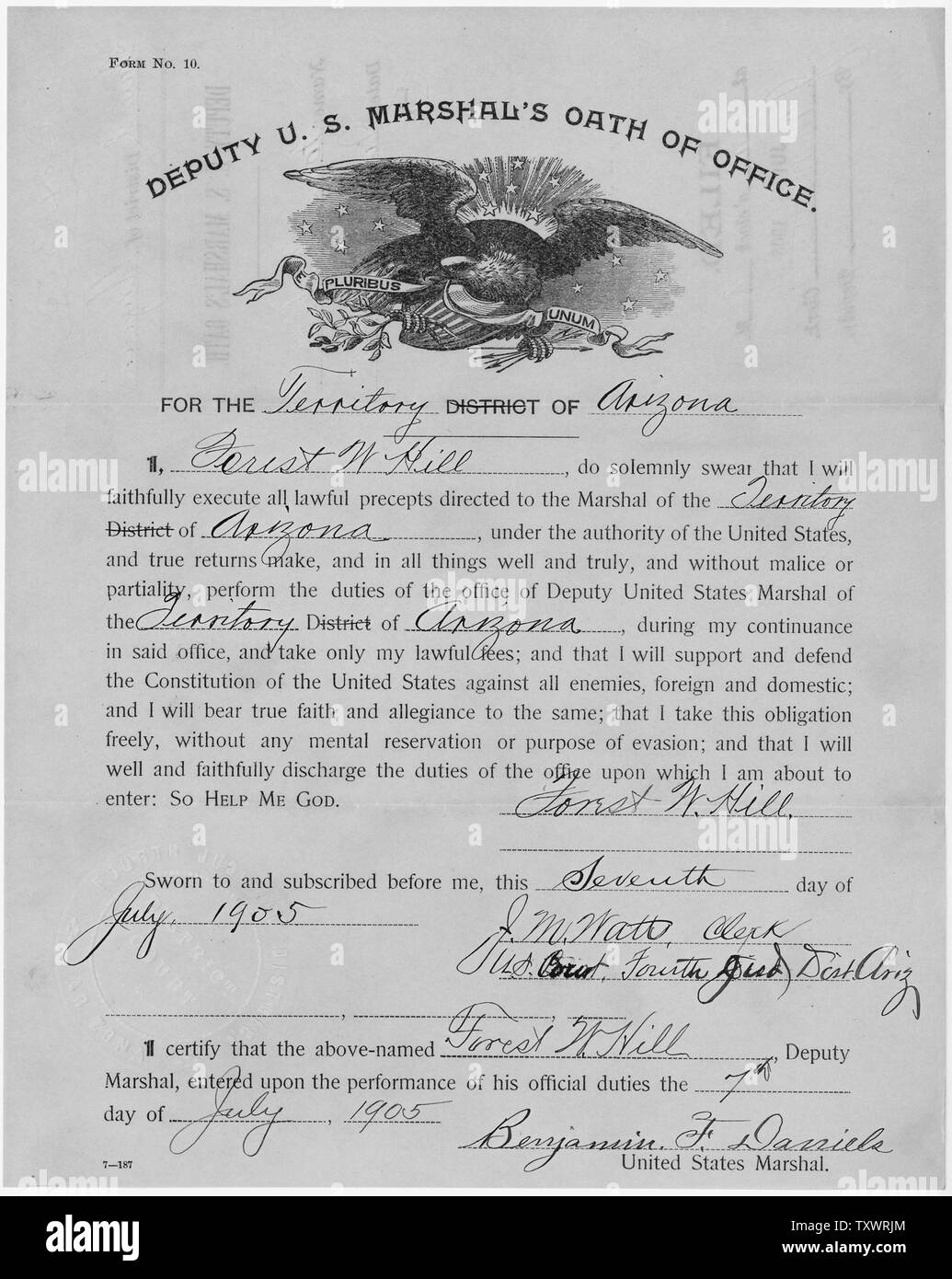 Appointment and Oath of Office for Forest W. Hill as Deputy Marshal in ...