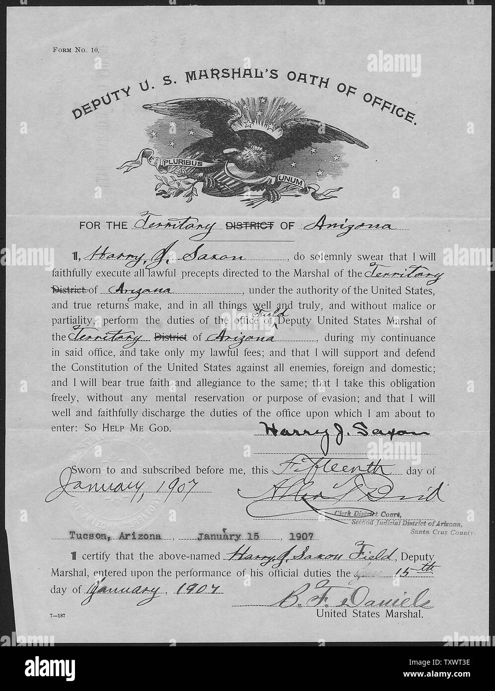 Appointment and Oath of Office for Harry J. Saxon as Field Deputy ...