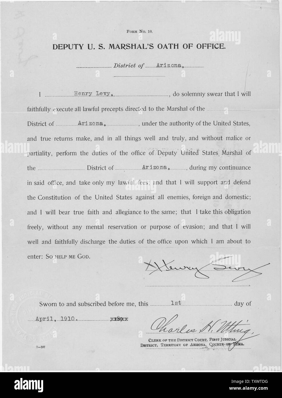 Appointment and Oath of Office for Henry Levy as Deputy Marshal in the ...