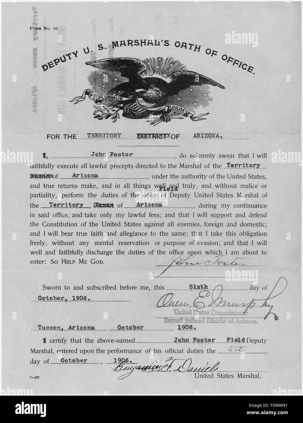 Appointment and Oath of Office for John Foster as Field Deputy Marshal ...