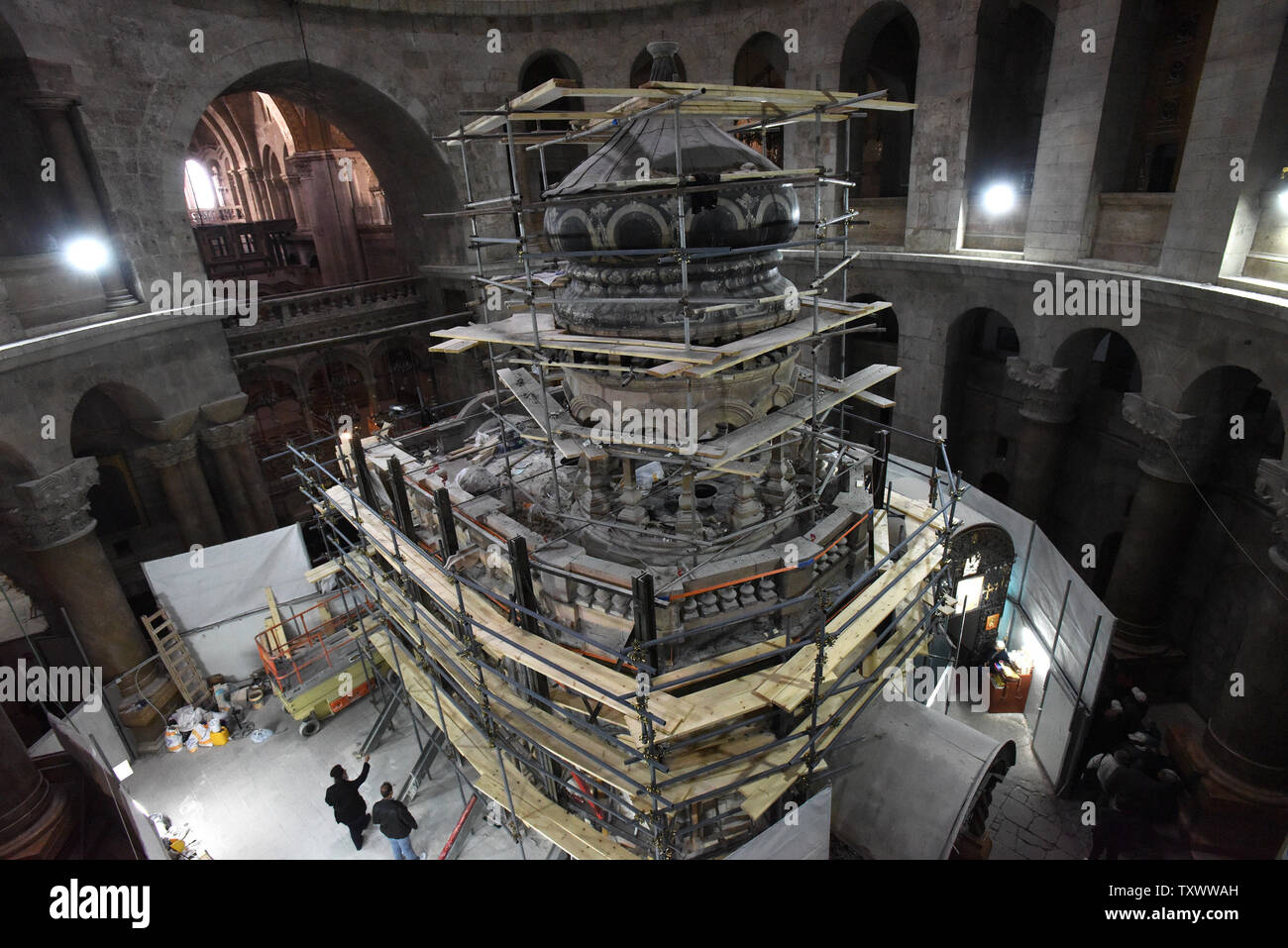 A view of construction on the tomb of Jesus Christ in the Church of the ...