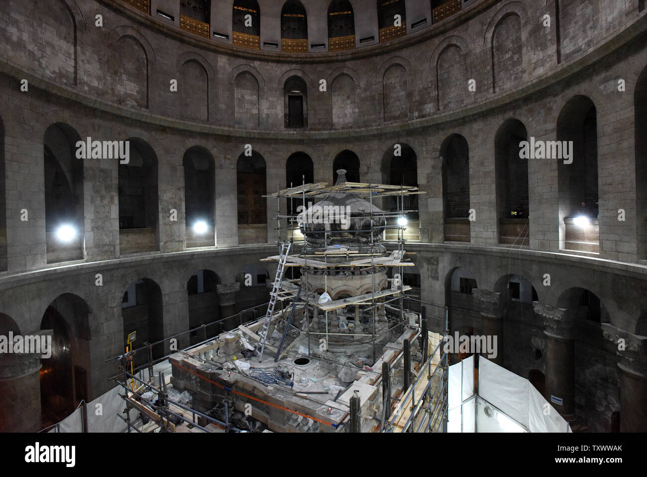 A view of construction on the tomb of Jesus Christ in the Church of the ...