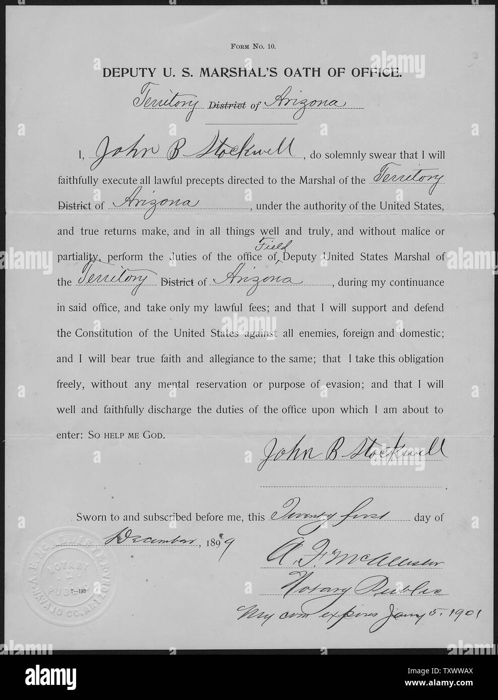 Appointment and Oath of Office for John B. Stockwell as Field Deputy ...