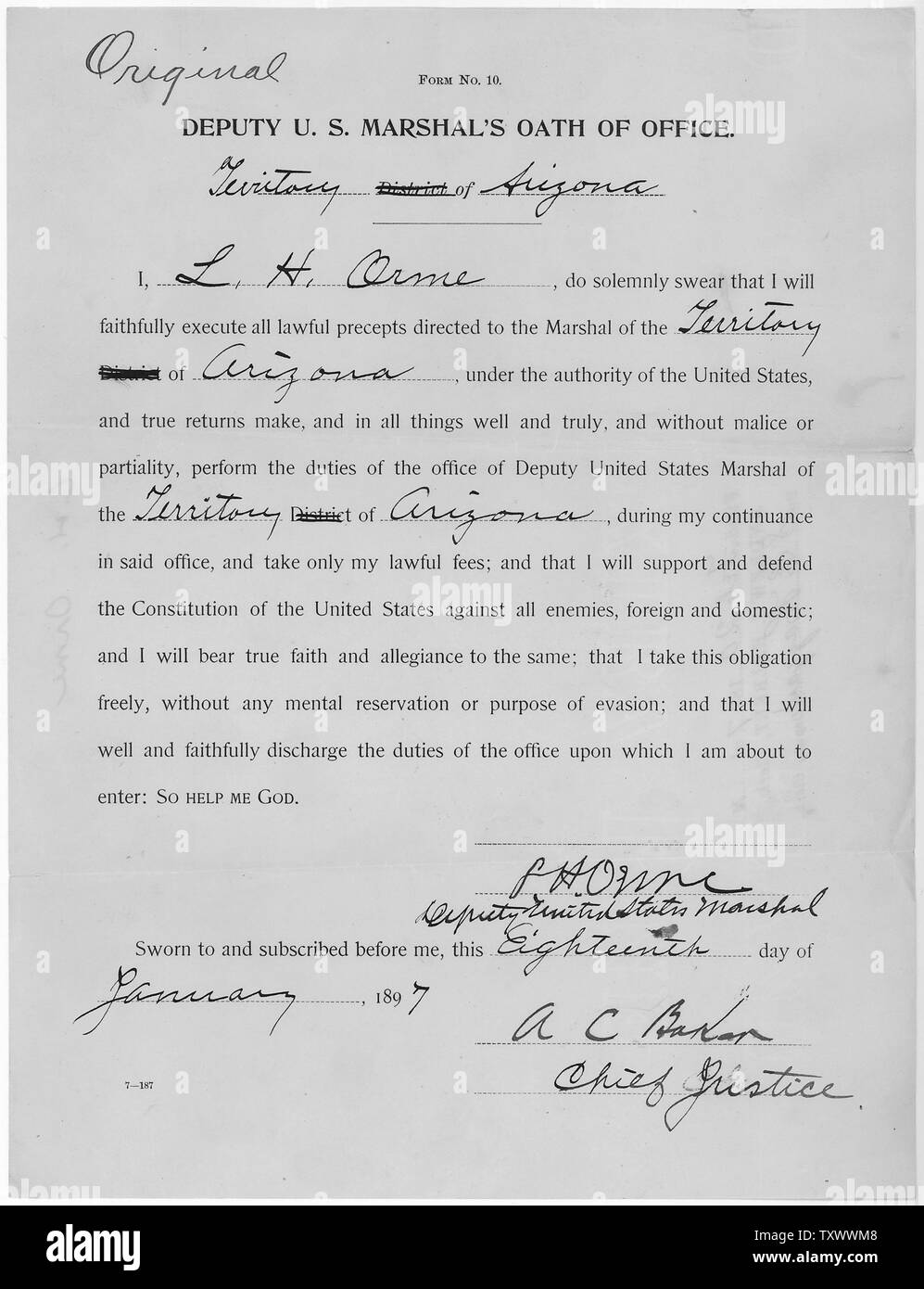 Appointment and Oath of Office for L. H. Orme as Deputy Marshal in the ...