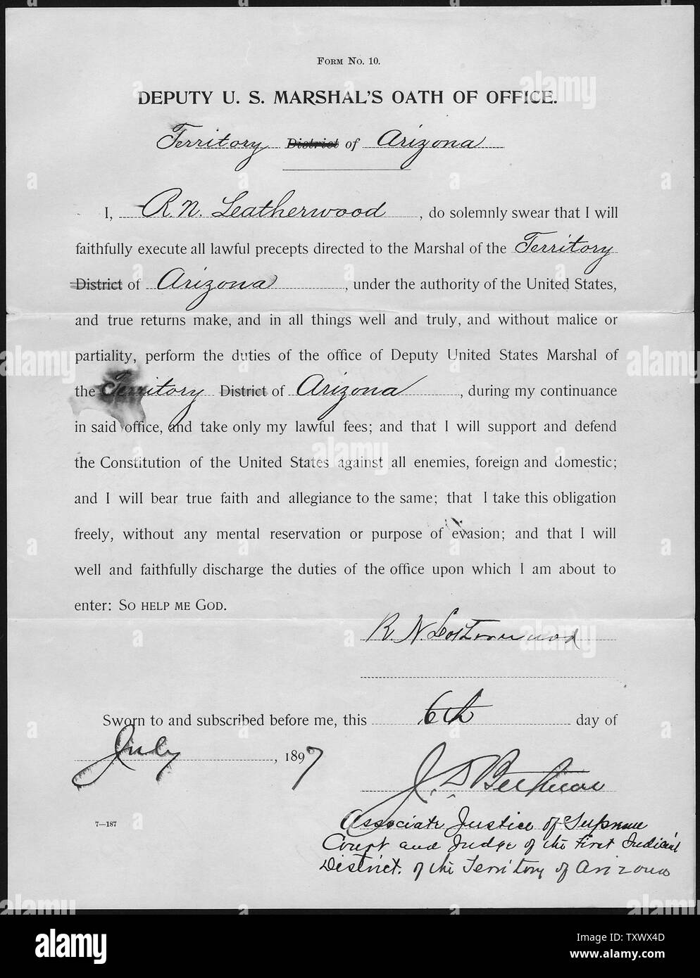 Appointment and Oath of Office for R. N. Leatherwood as Deputy Marshal ...