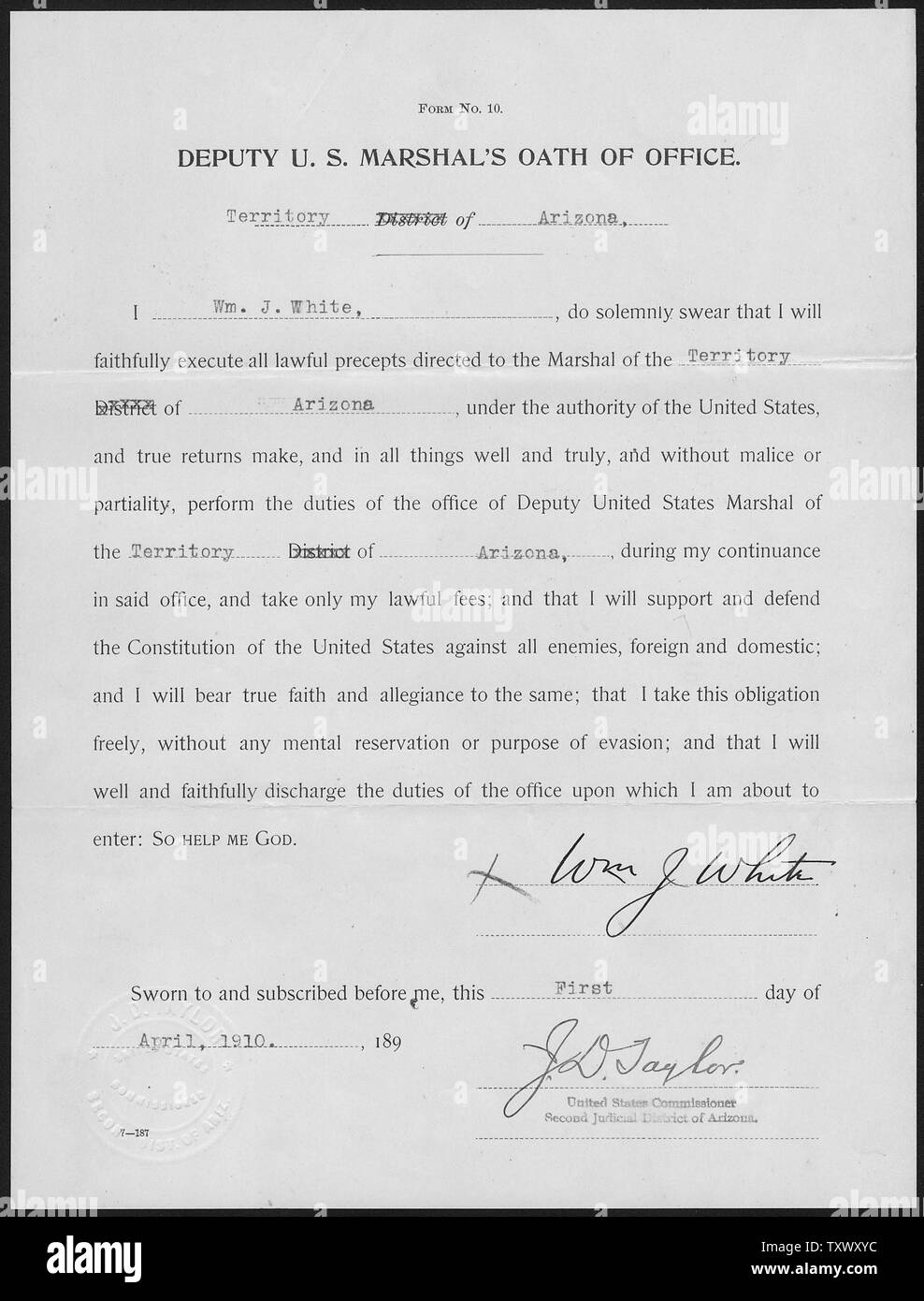 Appointment and Oath of Office for William J. White as Deputy Marshal ...