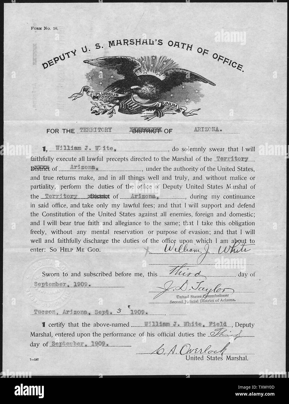 Appointment and Oath of Office for William J. White as Deputy Marshal ...