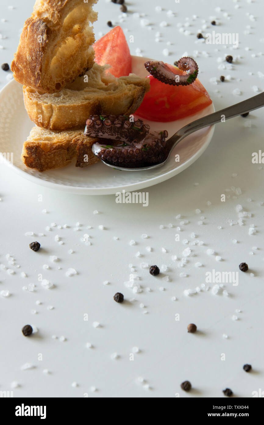 Top view of tasty Italian appetizers - bruschetta with raw tomatoes and ...