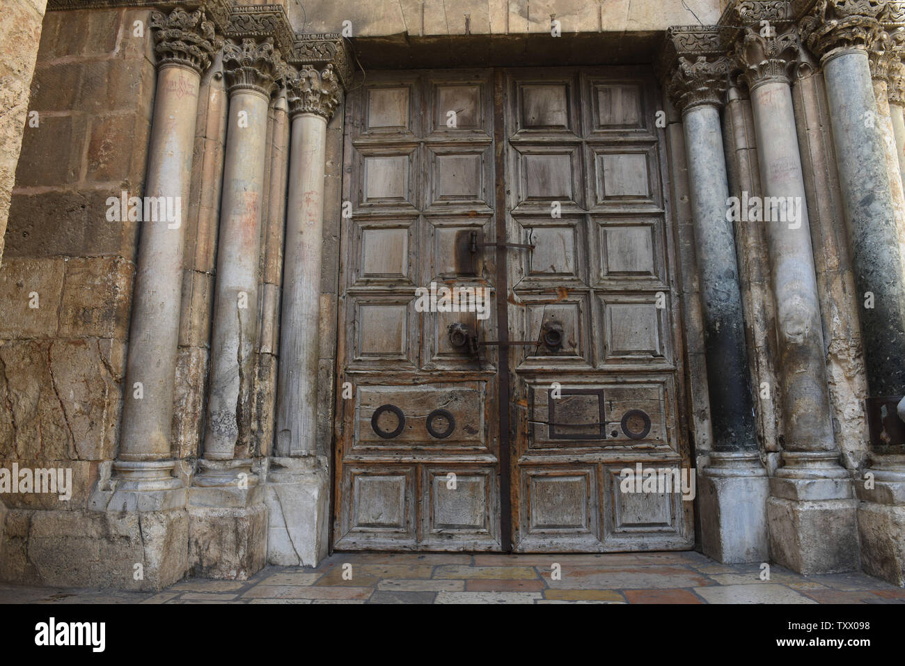 A view of the locked doors of the Church of the Holy Sepulchre in ...