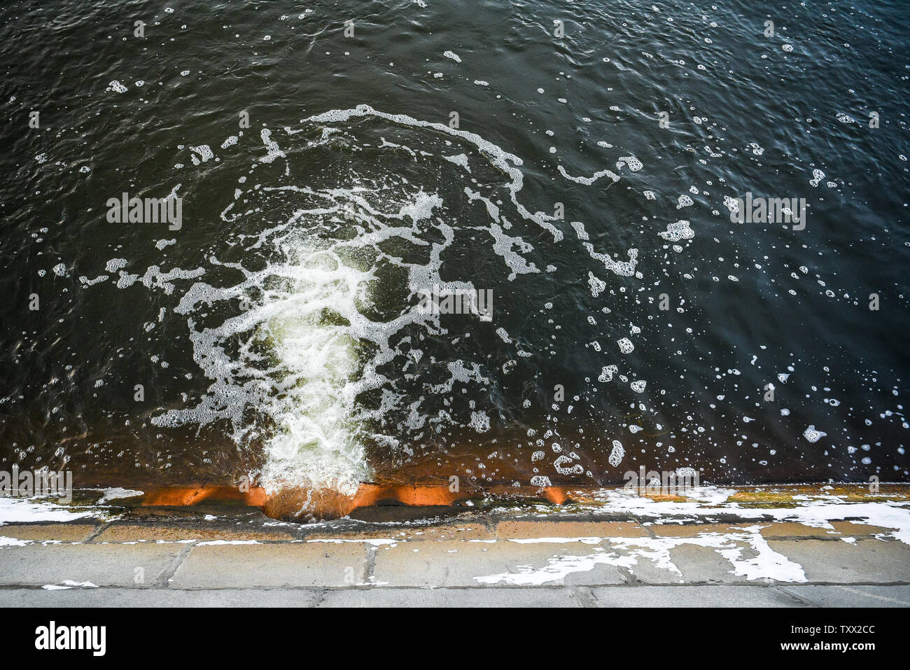 Uncontrolled water pollution in river with chemicals and toxic ...