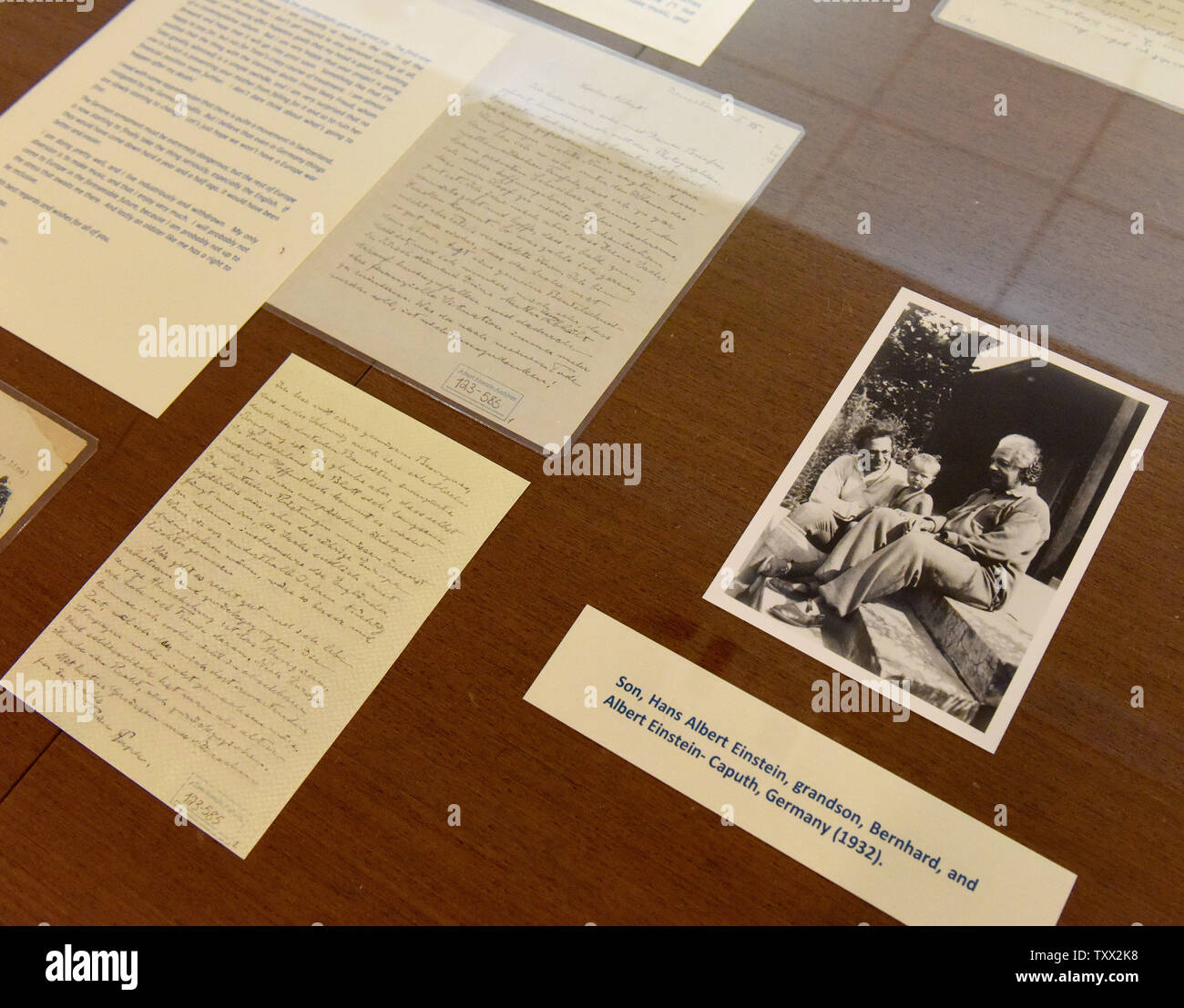 A close-up of a display of newly unveiled manuscripts of Albert ...