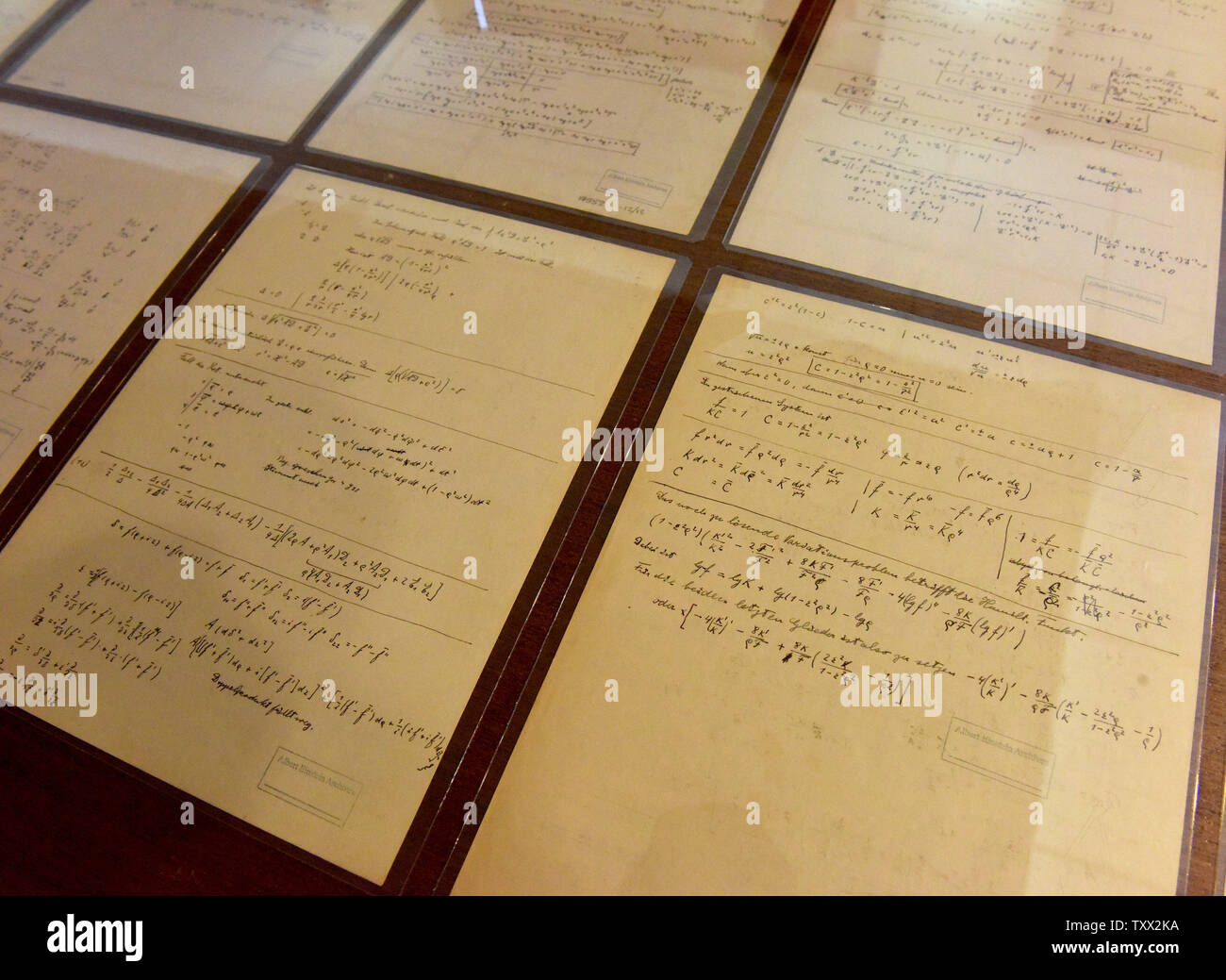 A close-up of a display of newly unveiled manuscripts of Albert ...