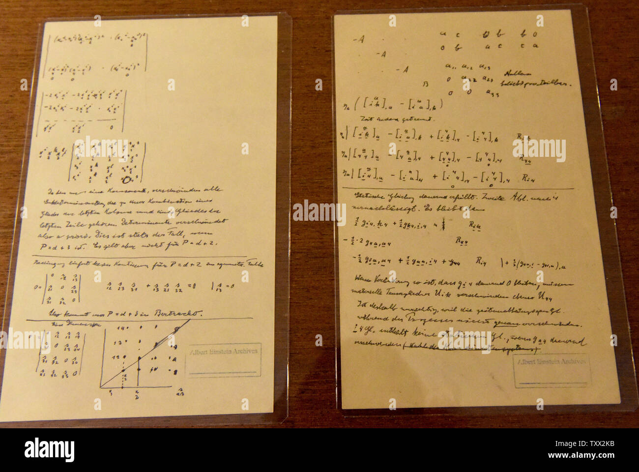 A close-up of a display of newly unveiled manuscripts of Albert ...