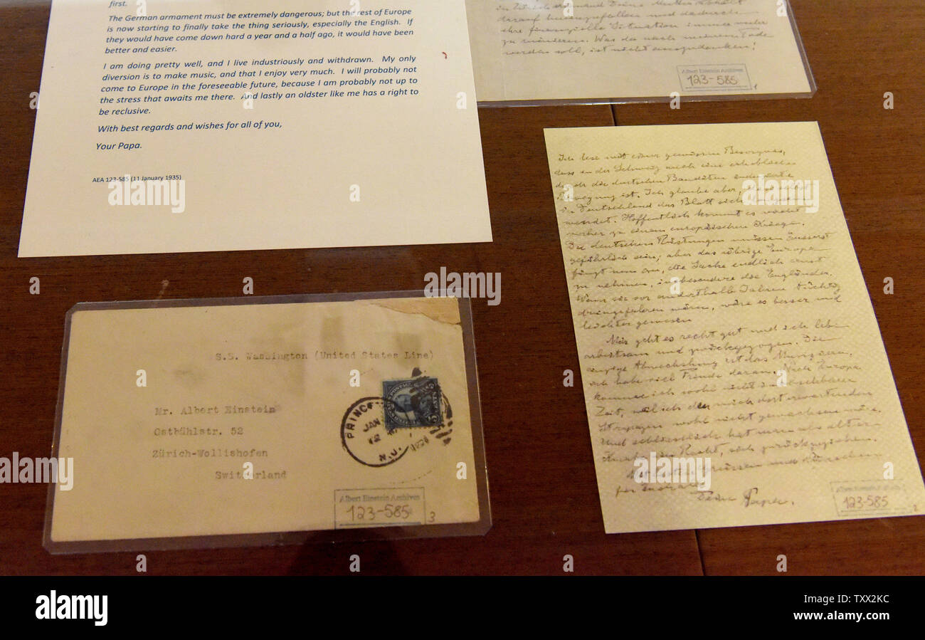 A close-up of a display of newly unveiled manuscripts of Albert ...
