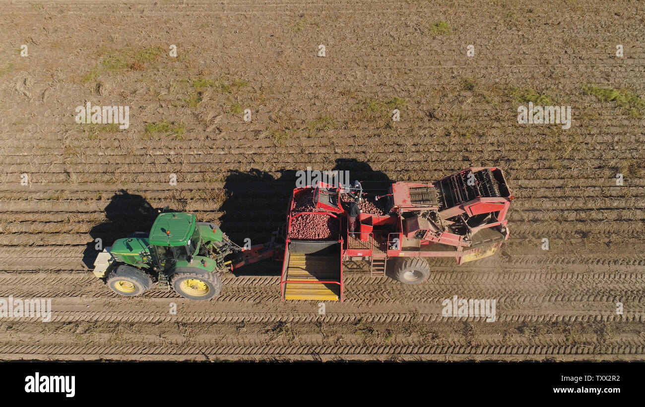 potatoes harvesting machine with tractor in farm land for harvesting ...