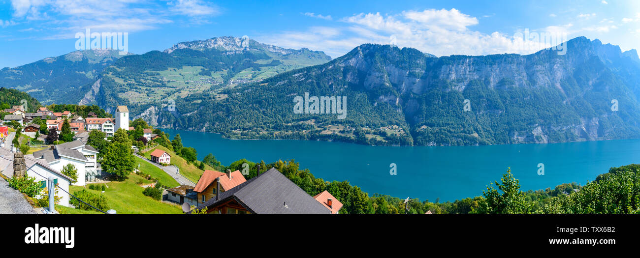 Aerial Panoramic view on Walensee (Lake Walen), Amden, Beltis from ...