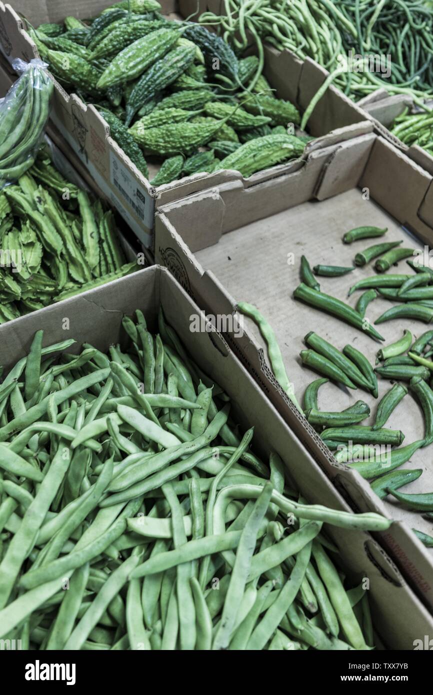 Variety of green beans in boxes shot from up close - healthy eating ...