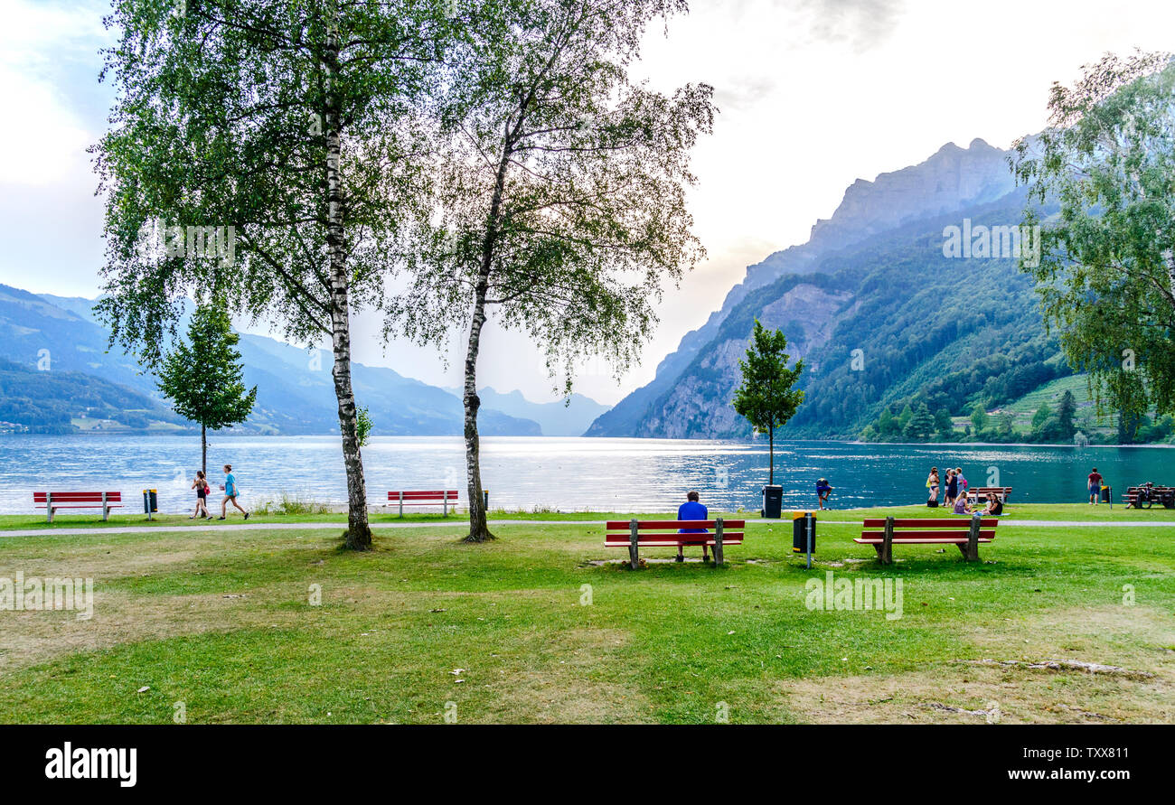 View on Walensee (Lake Walen) from Walenstadt , St. Galen, Switzerland ...