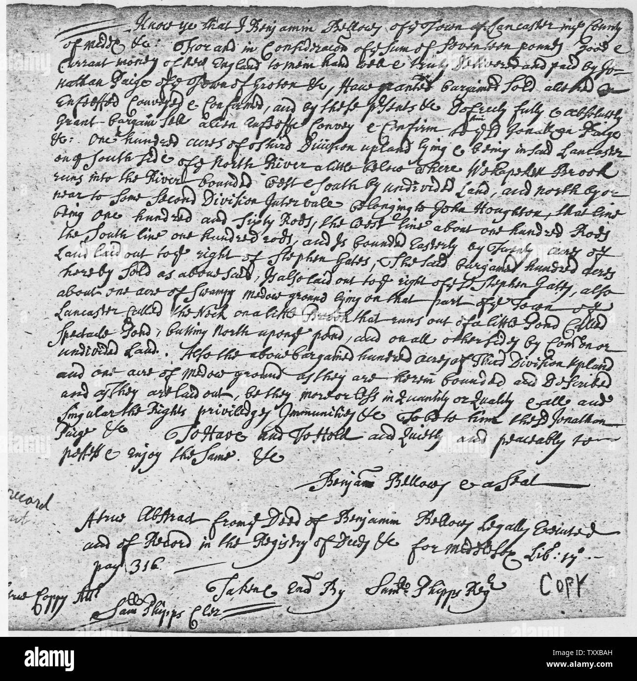 Benjamin Bellows Deed; Scope and content: Deed abstract belonging to ...