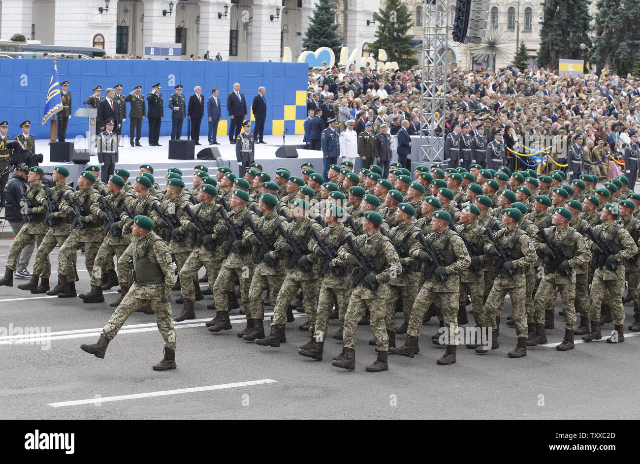 Ukrainian military units march during a military parade to celebrate ...