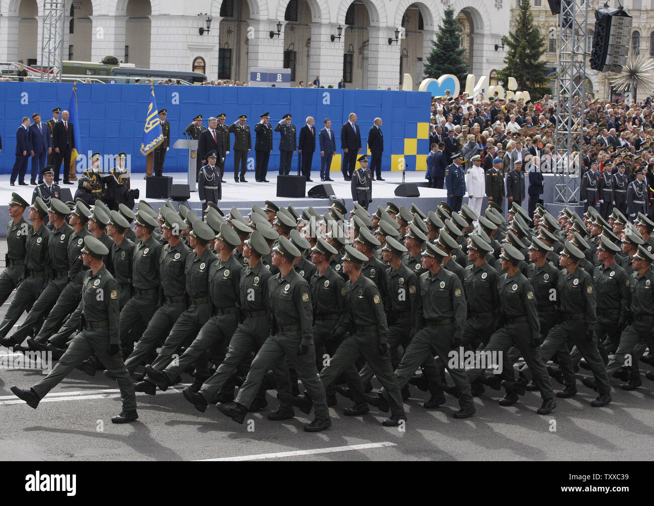 Ukrainian military units march during a military parade to celebrate ...